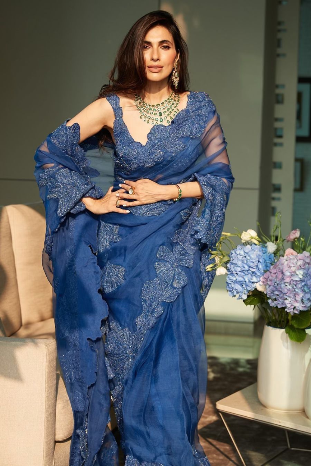 Prerna Goel in our blue lace embroidered saree – Rose Room by isha